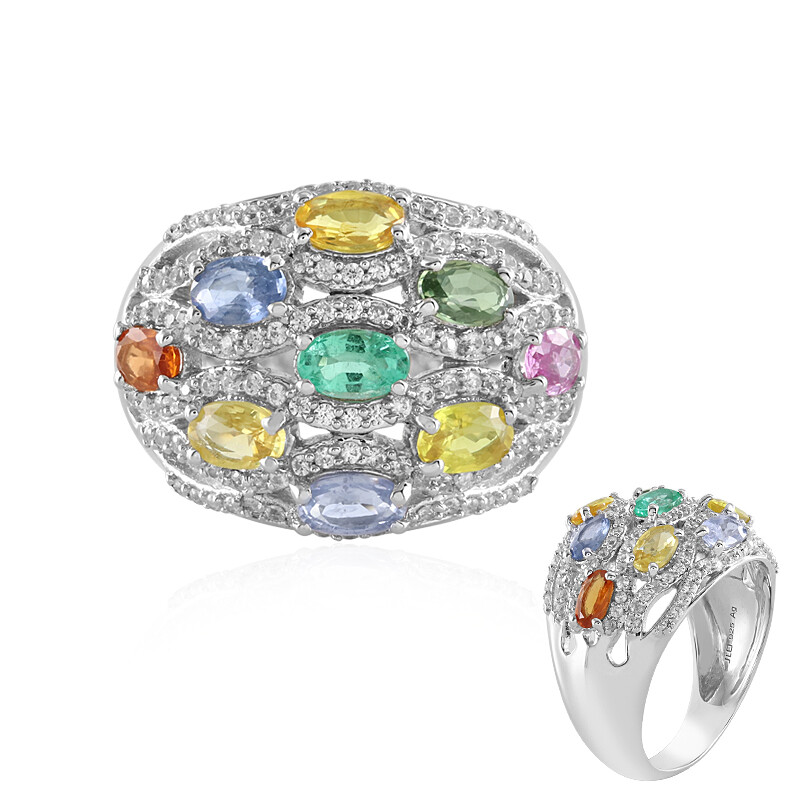 Ring van zilver met veelkleurige saffier en Russische smaragd, 3.07ct